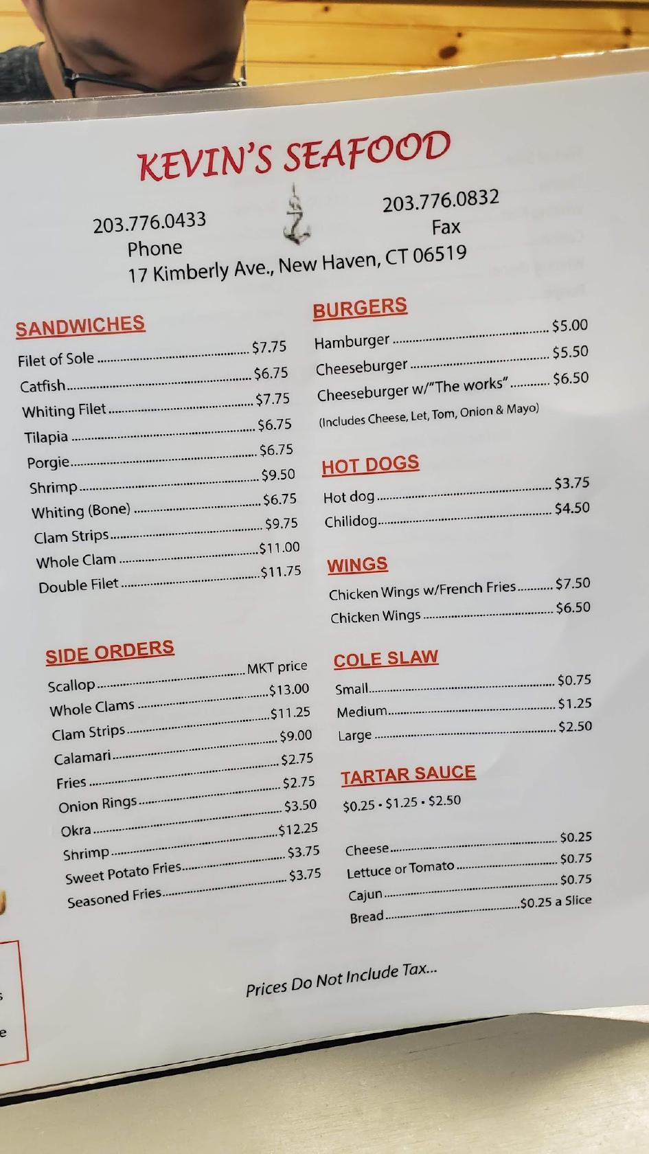 Menu at Kevin's Seafood restaurant, New Haven