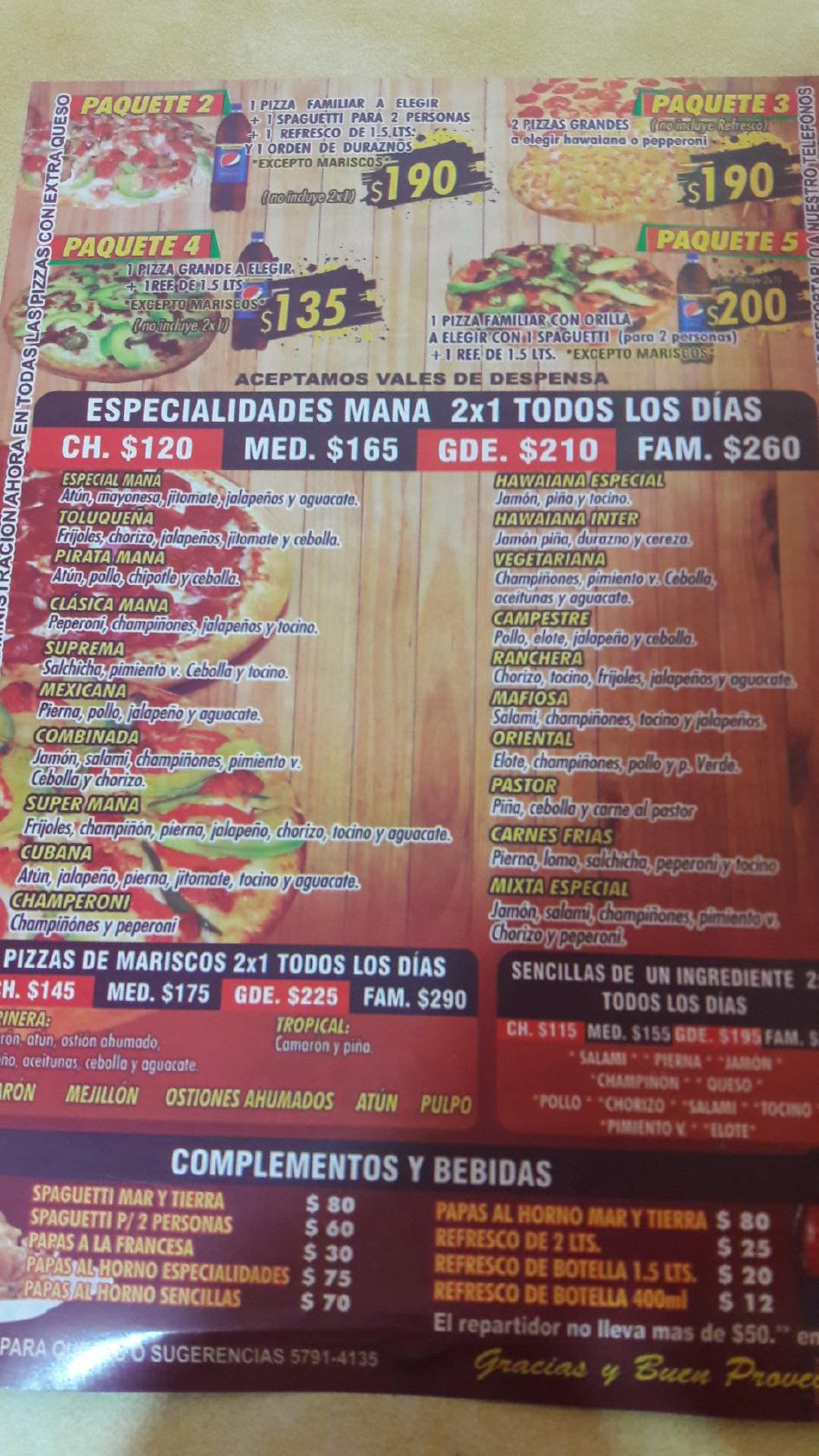 Menu at Maná Pizzas pizzeria, Ecatepec de Morelos
