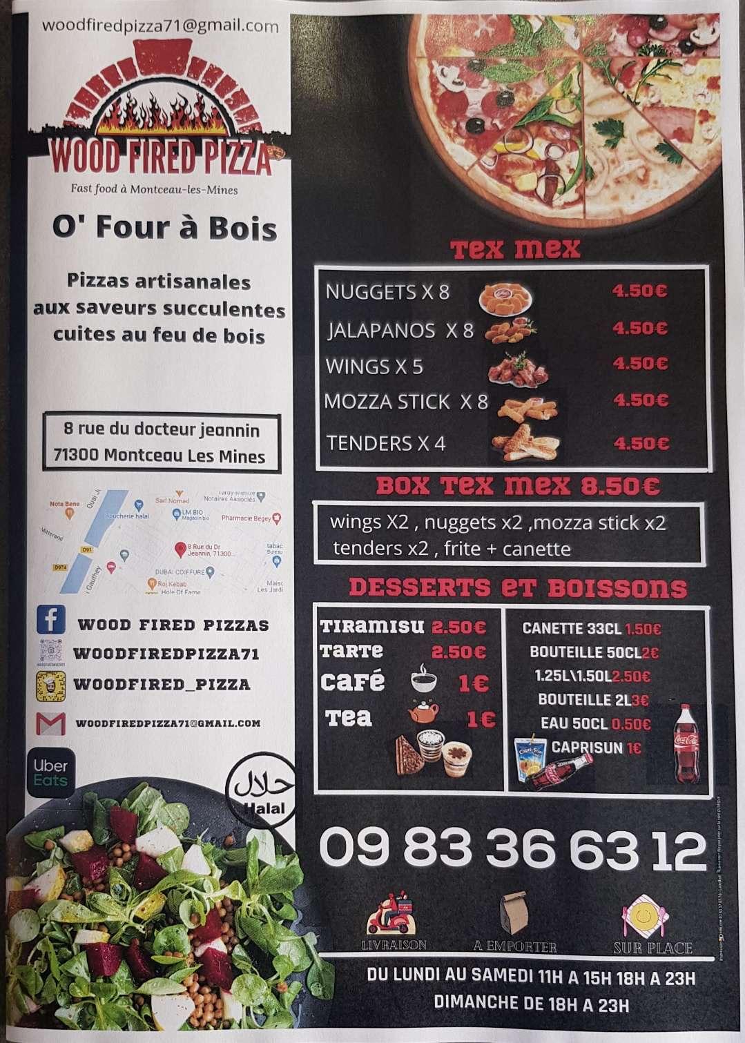 Carta del restaurante wood fired pizza, Montceau-les-Mines