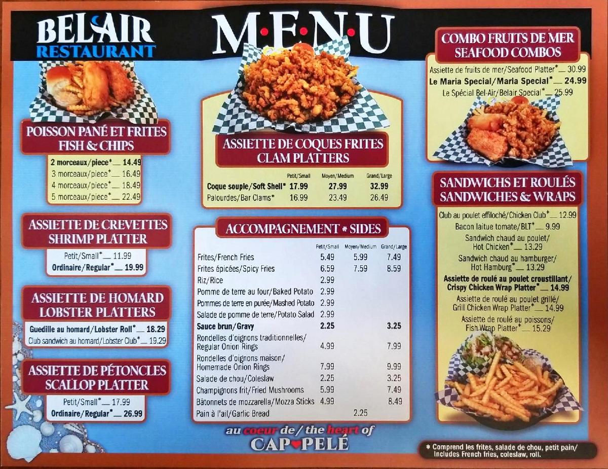 Menu at Bel Air Take-Out restaurant, Cap-Pele, Acadie Rd