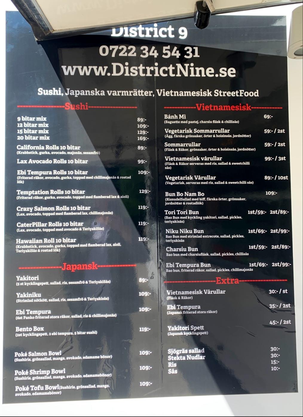 Menu at District Nine Åhus restaurant, Åhus, Fädriften 5