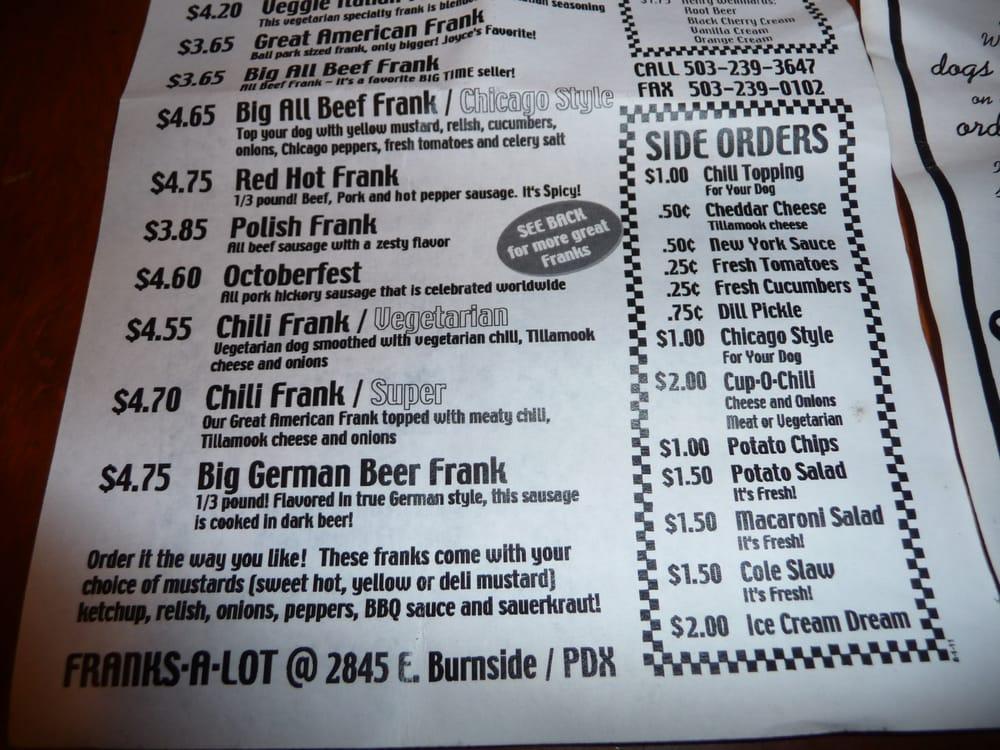 Menu at Franks A Lot restaurant, Portland