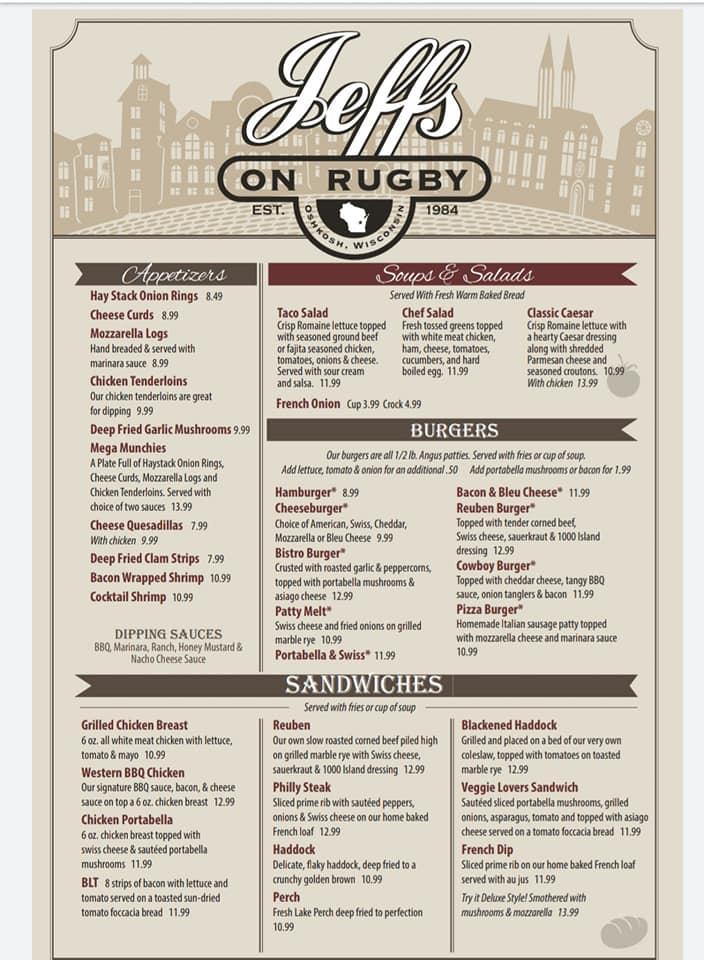 Menu at Jeff's On Rugby steakhouse, Oshkosh
