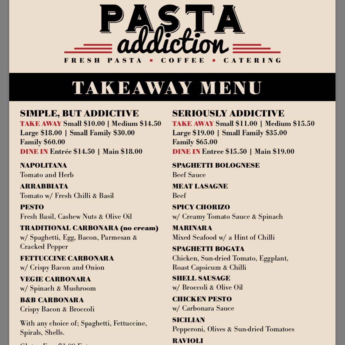 Menu at Pasta Addiction cafe, Fremantle