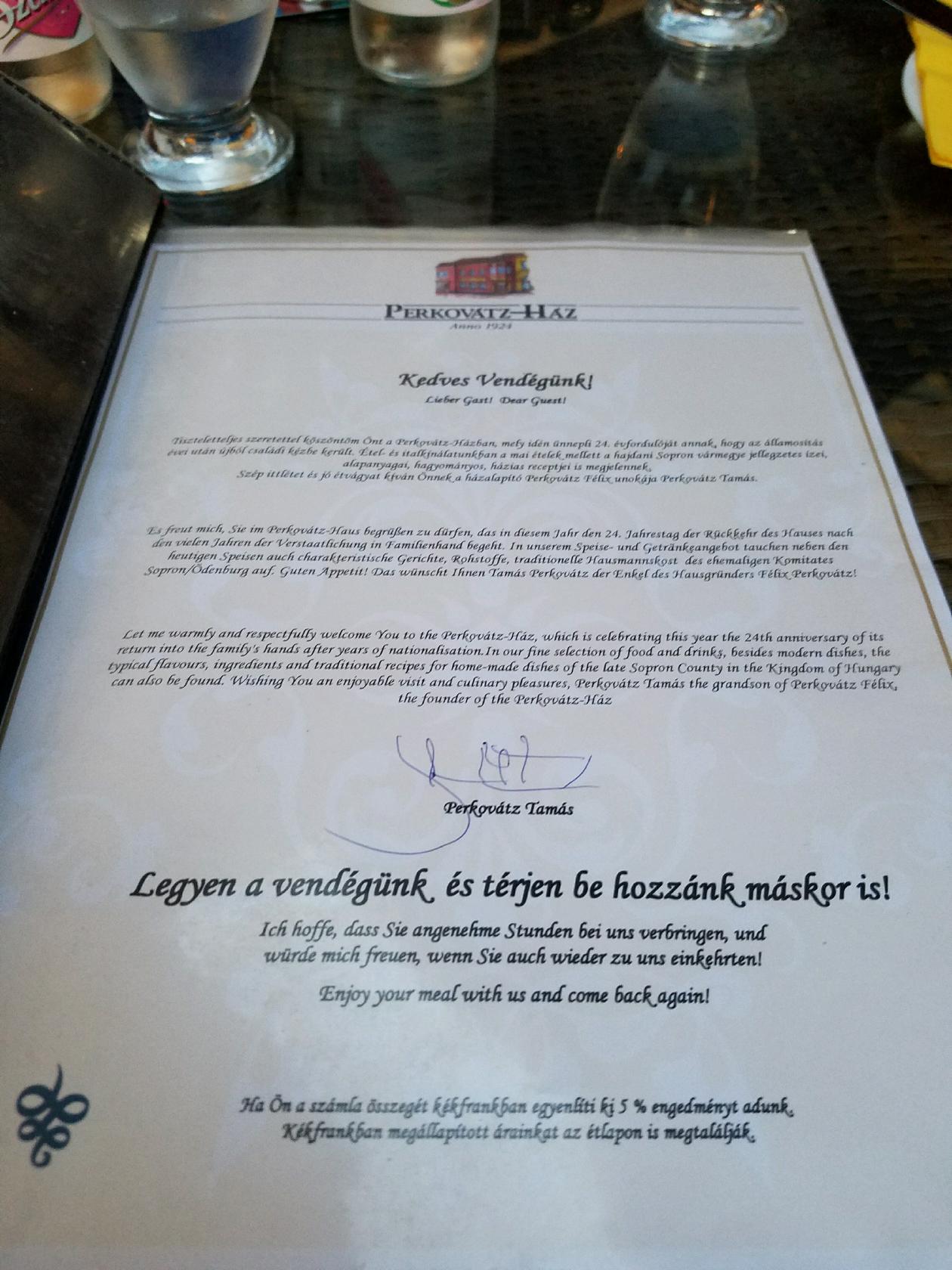 Menu at Perkovátz-Ház restaurant, Sopron
