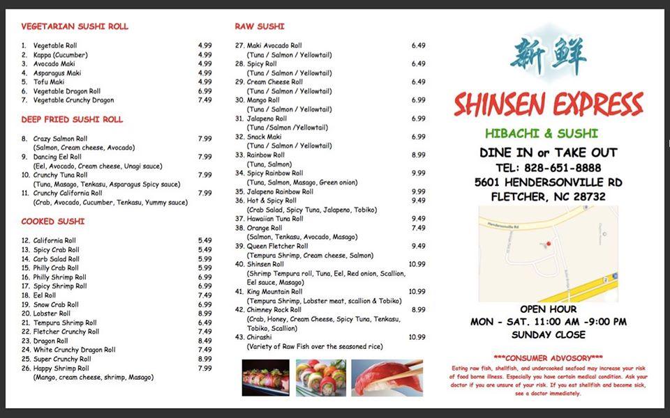 Menu at Shinsen Express restaurant, Fletcher