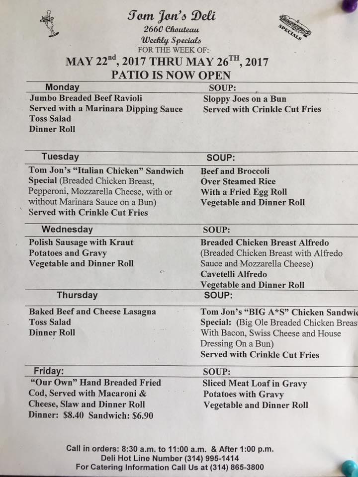Menu at Tom Jon's Catering restaurant, St. Louis