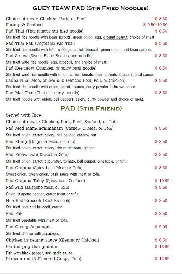 Menu at True Thai restaurant, Louisville