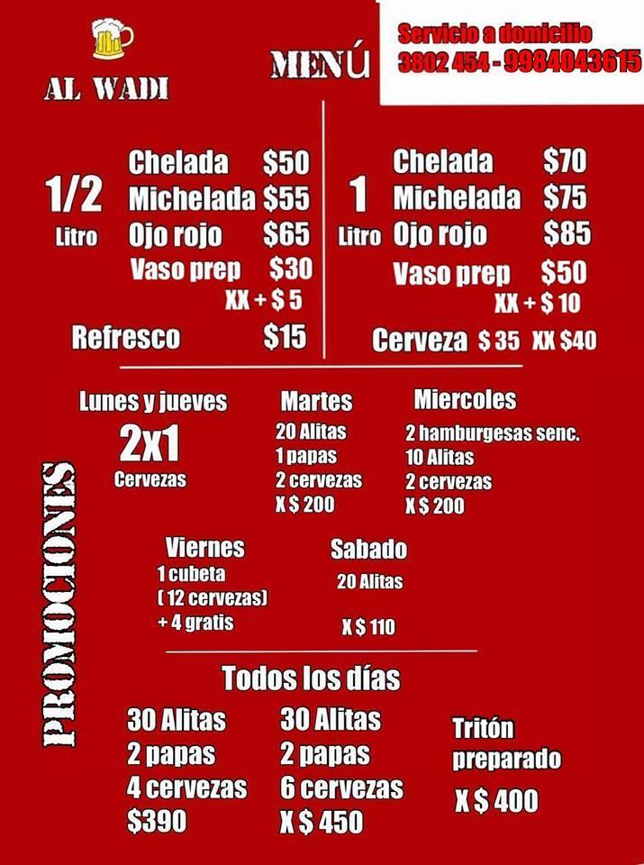Menu at Al Wadi pub & bar, Joaquín Zetina Gasca