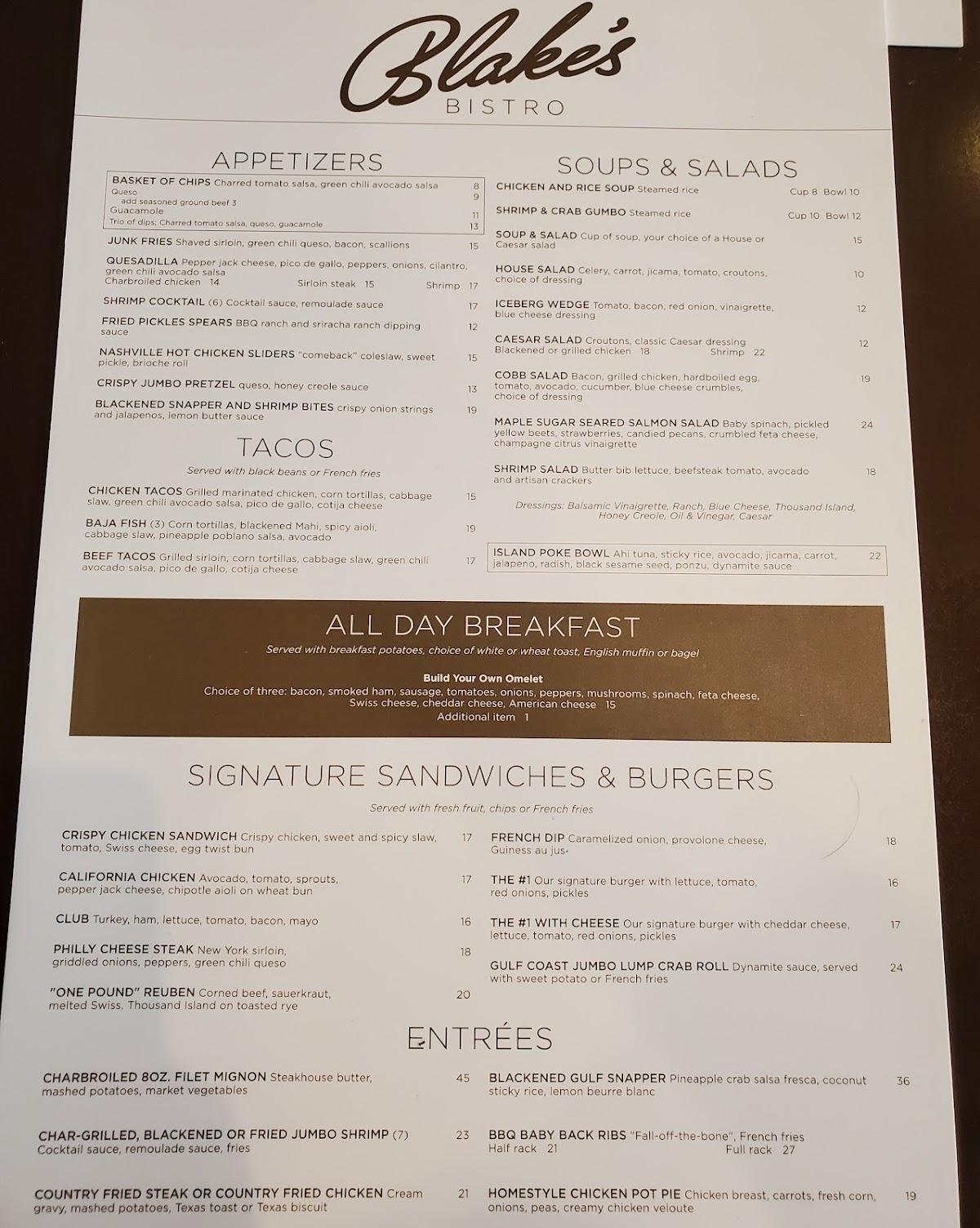 Menu at Blake's Bistro restaurant, Galveston, Seawall Blvd