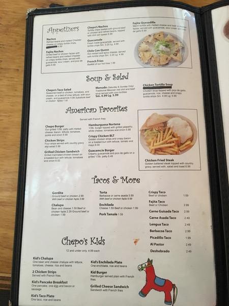 Menu at Chepo's Mexican Restaurant, San Marcos