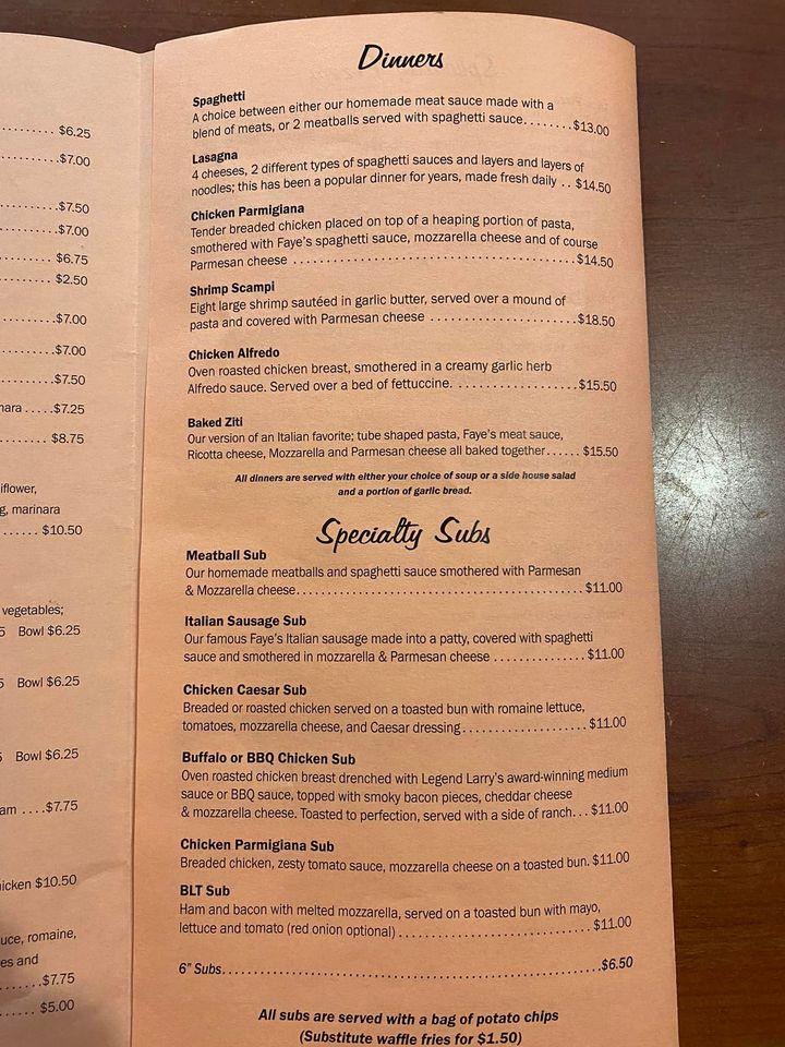 Menu at Faye's Pizza pizzeria, Sheboygan