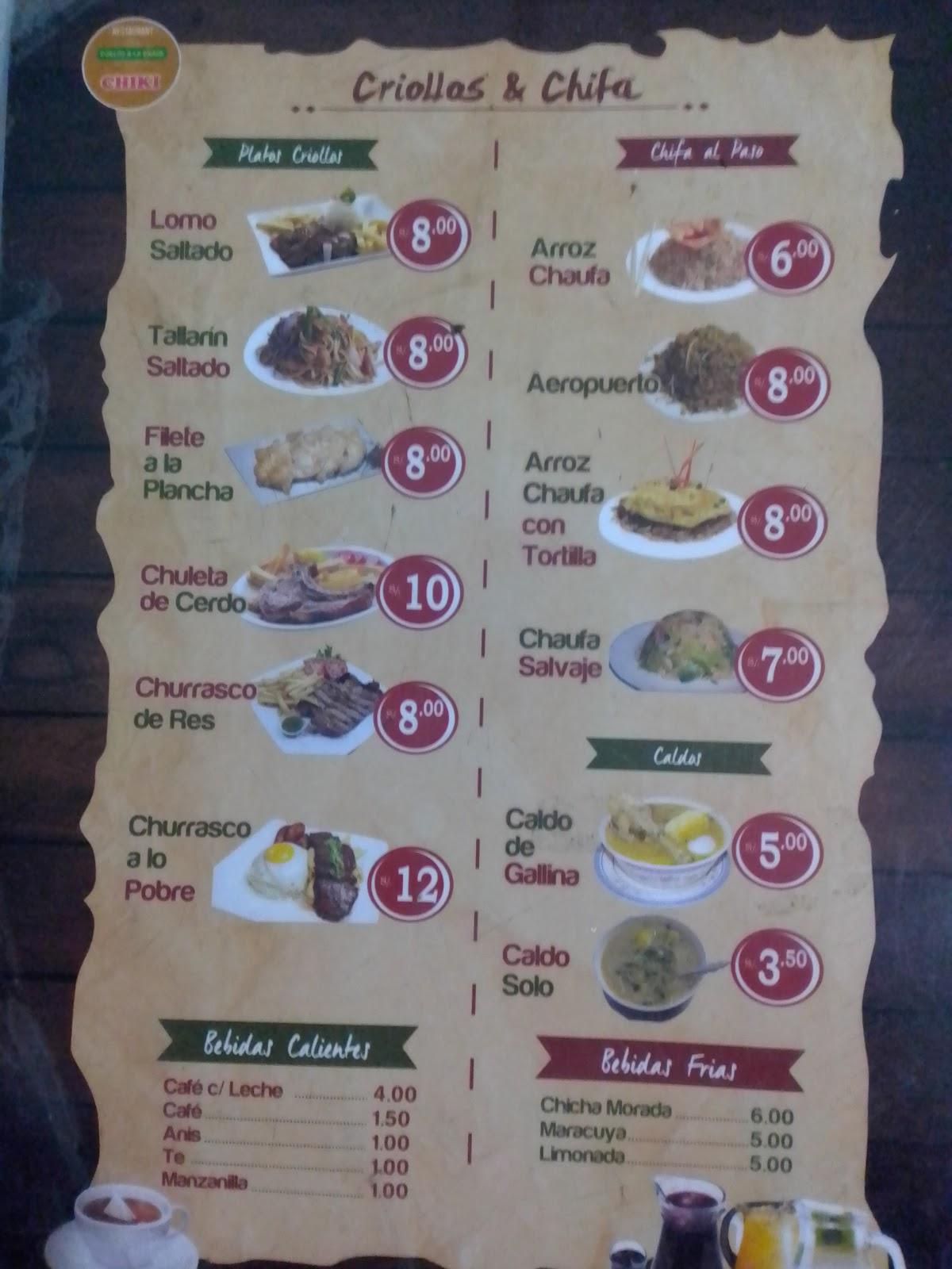 Menu at Polleria restaurant Chiqui, Andahuaylas