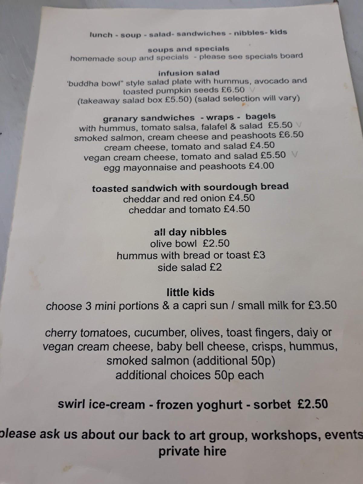 Menu at Infusion Art Cafe, Exmouth