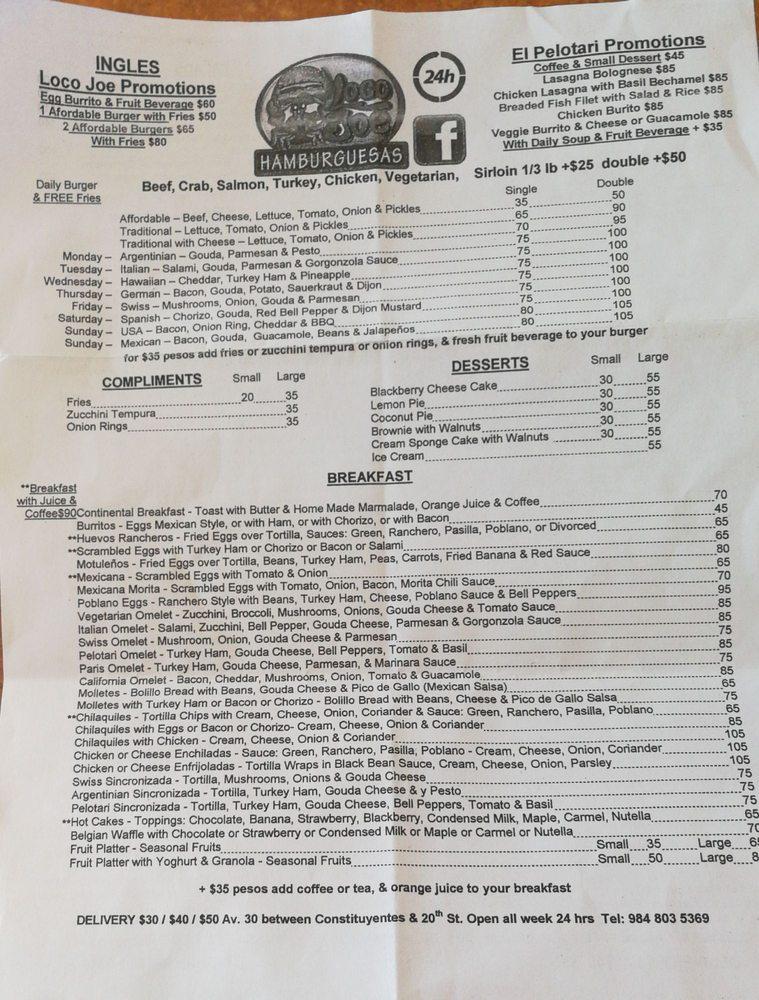 Menu at BURGER Loco Joe restaurant, Playa del Carmen
