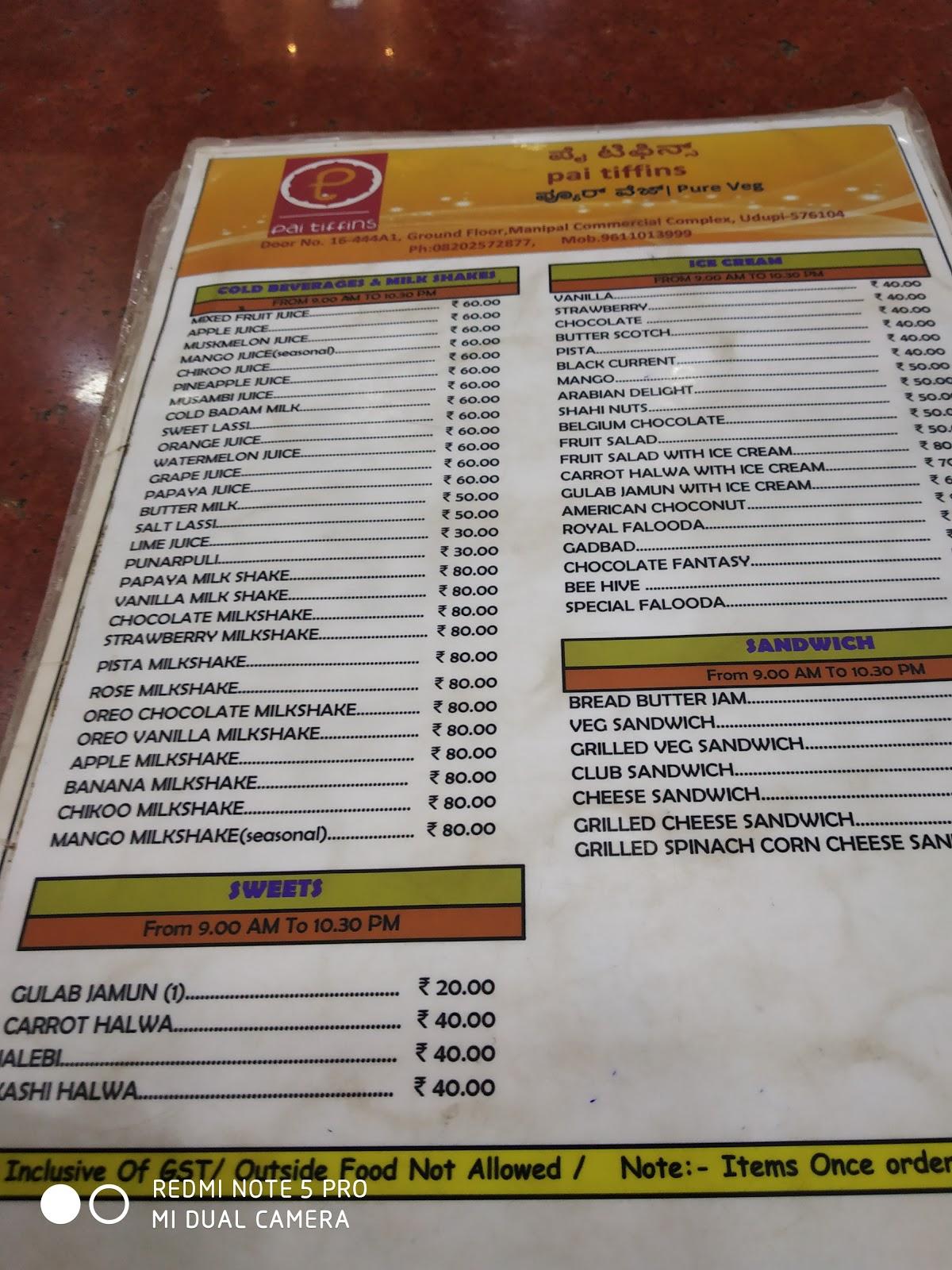 Menu at Pai Tiffins Manipal, Manipal