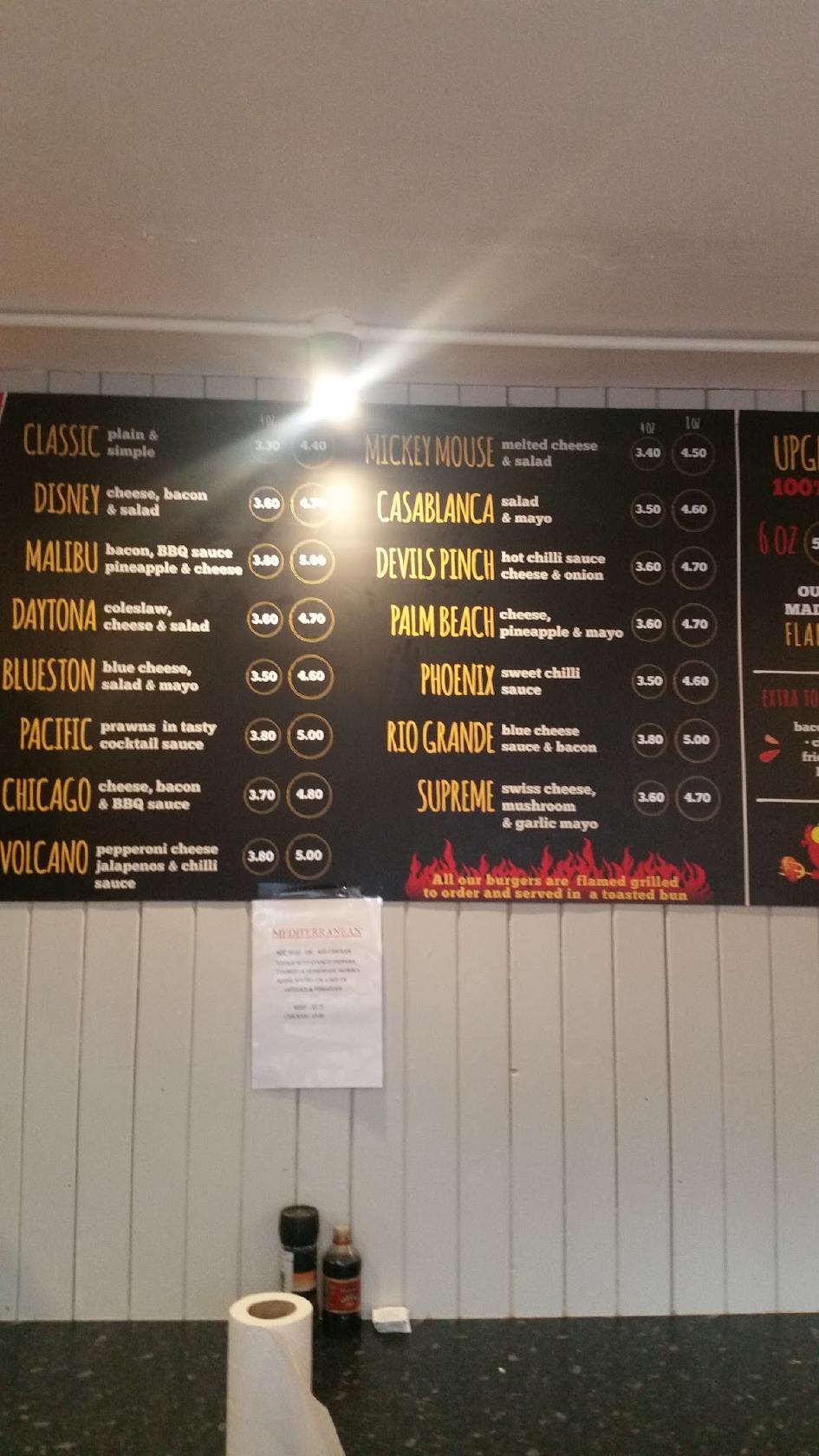 Menu at Rio's burgers restaurant, Newbury