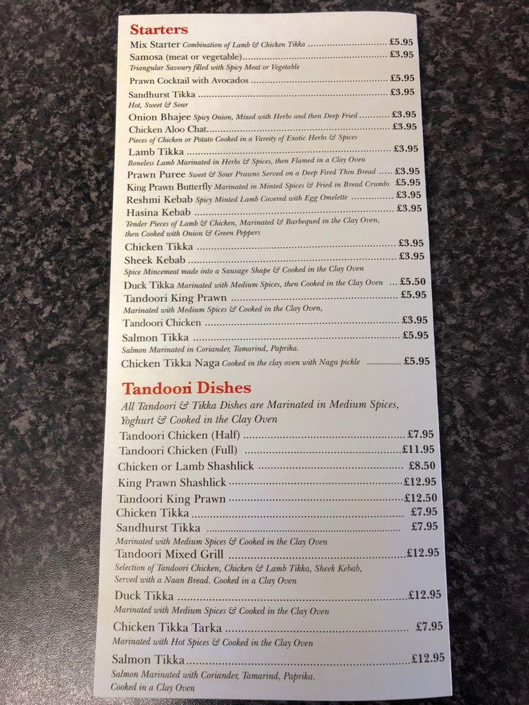 Menu at Sandhurst Tandoor restaurant, Sandhurst