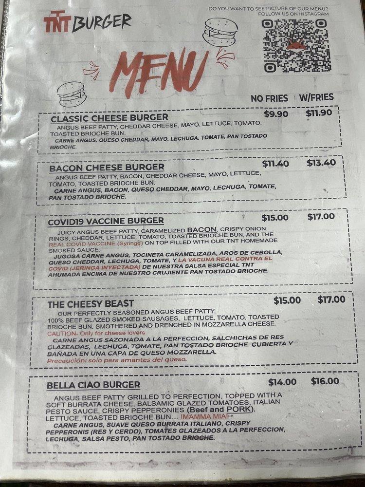 Menu at TNT BURGER restaurant, Tampa