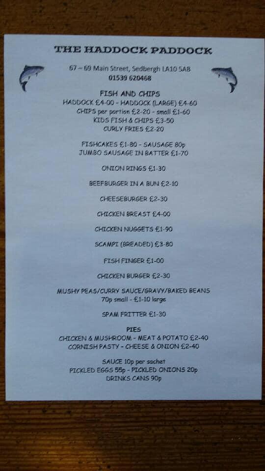 Carta de comida rápida The Haddock Paddock, Sedbergh, 67-69 Main St