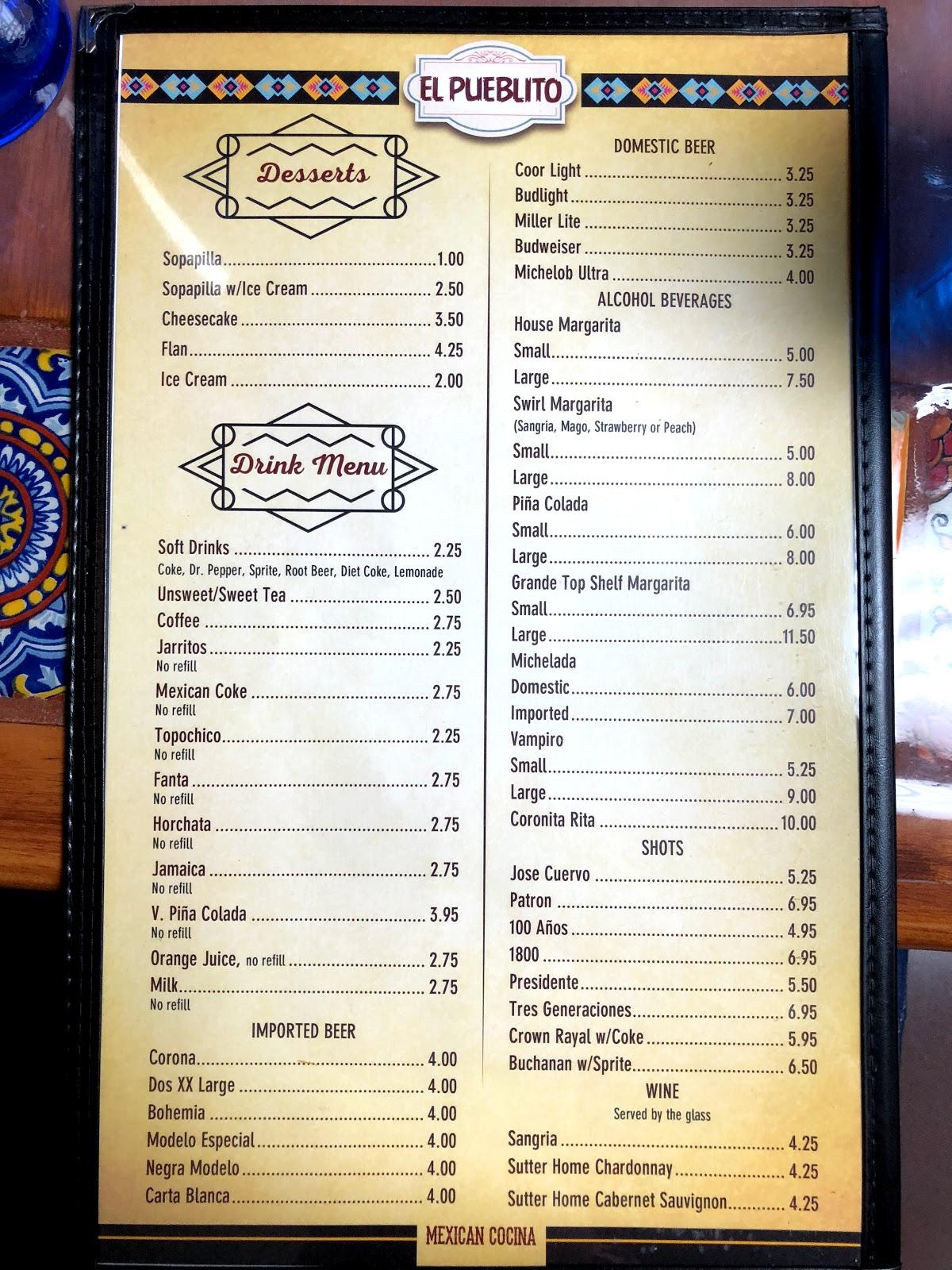 Menu at El Pueblito restaurant, Plano