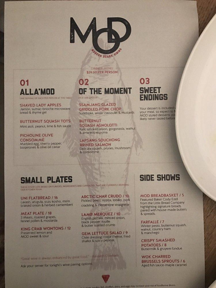 Menu at MOD Restaurant & Social, Bentonville