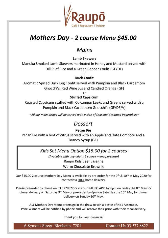 Menu at Raupo Cafe, Restaurant & Traiteur, Blenheim