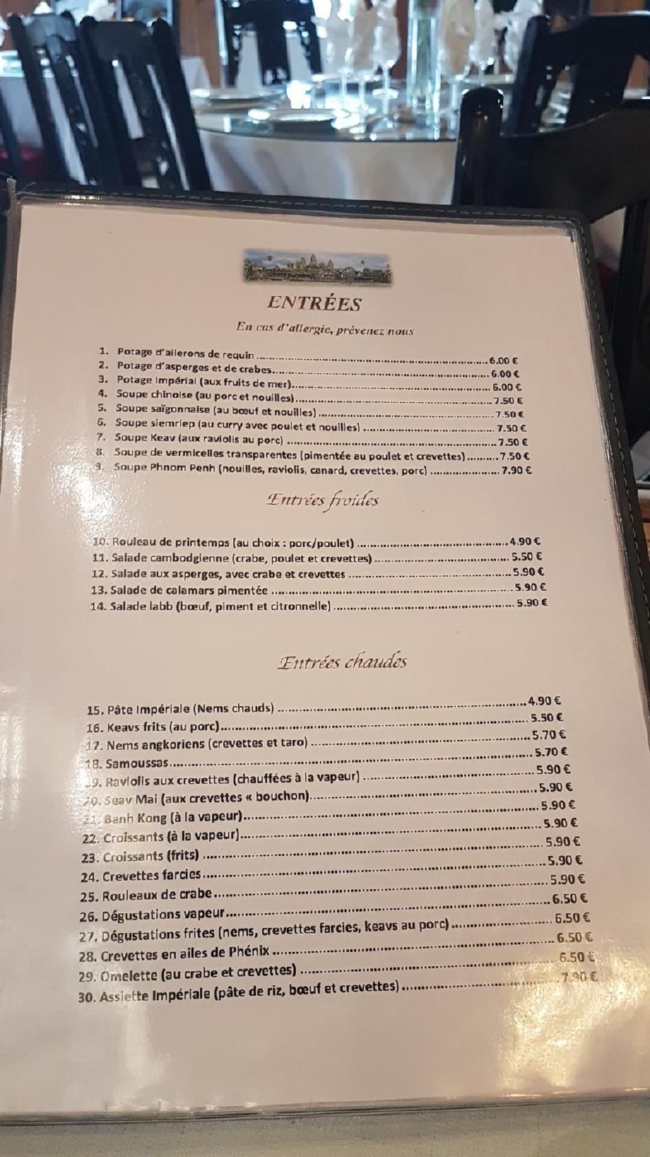 Menu at Restaurant Le Palais d'Angkor, Vichy