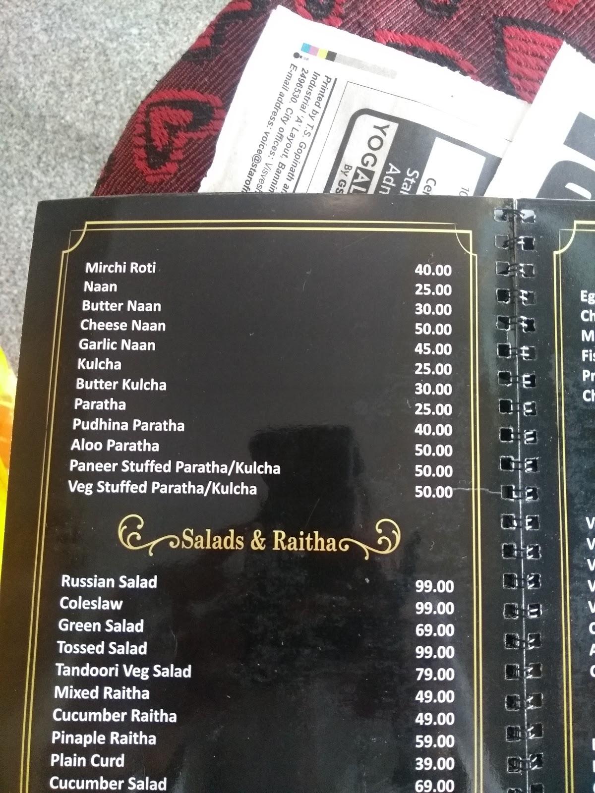 Menu at Starlight, Mysuru