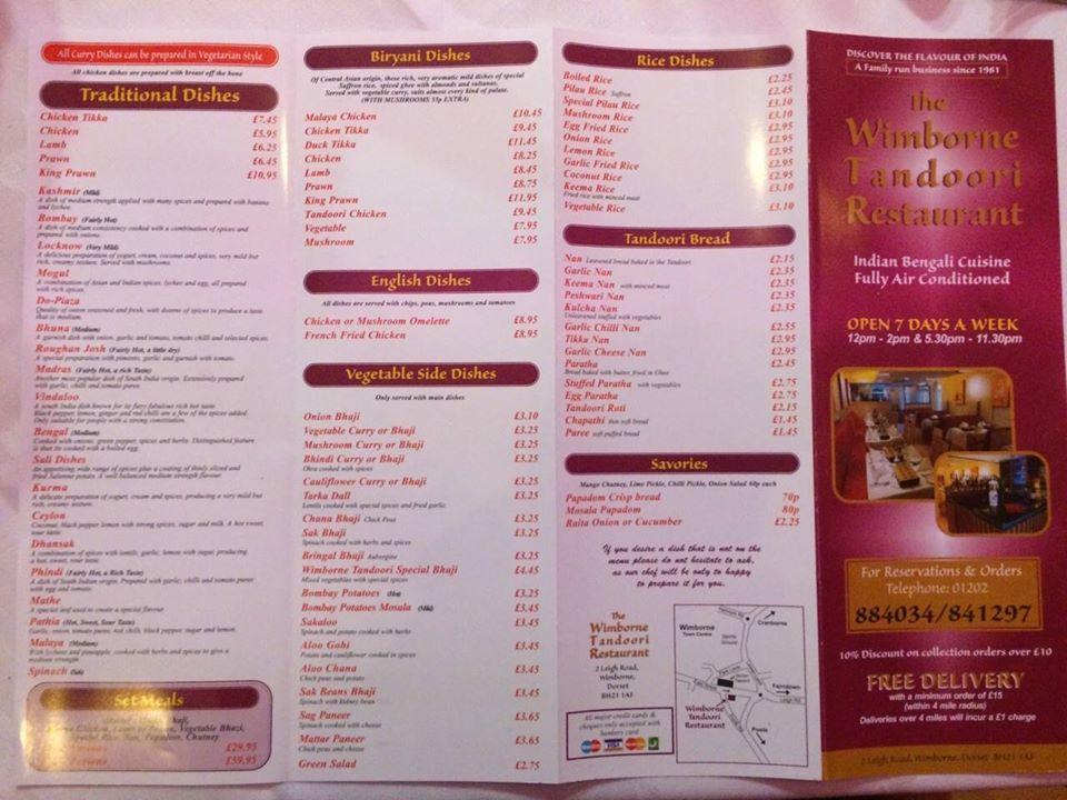 Menu at Wimborne Tandoori restaurant, Wimborne Minster