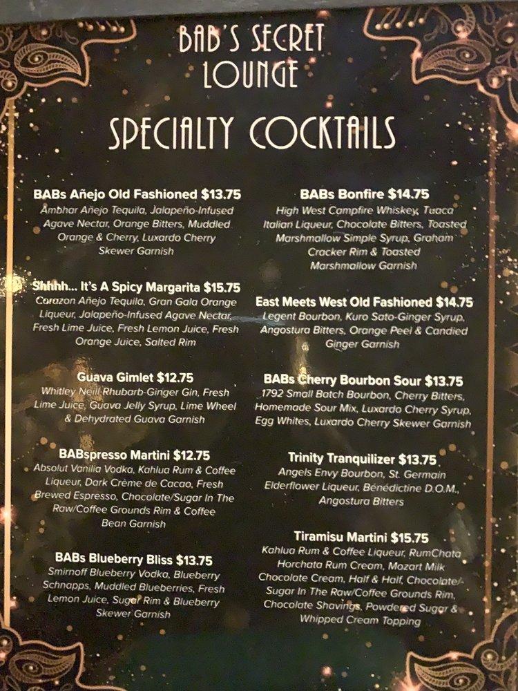 Menu at BAB's Secret Lounge pub & bar, Lutz