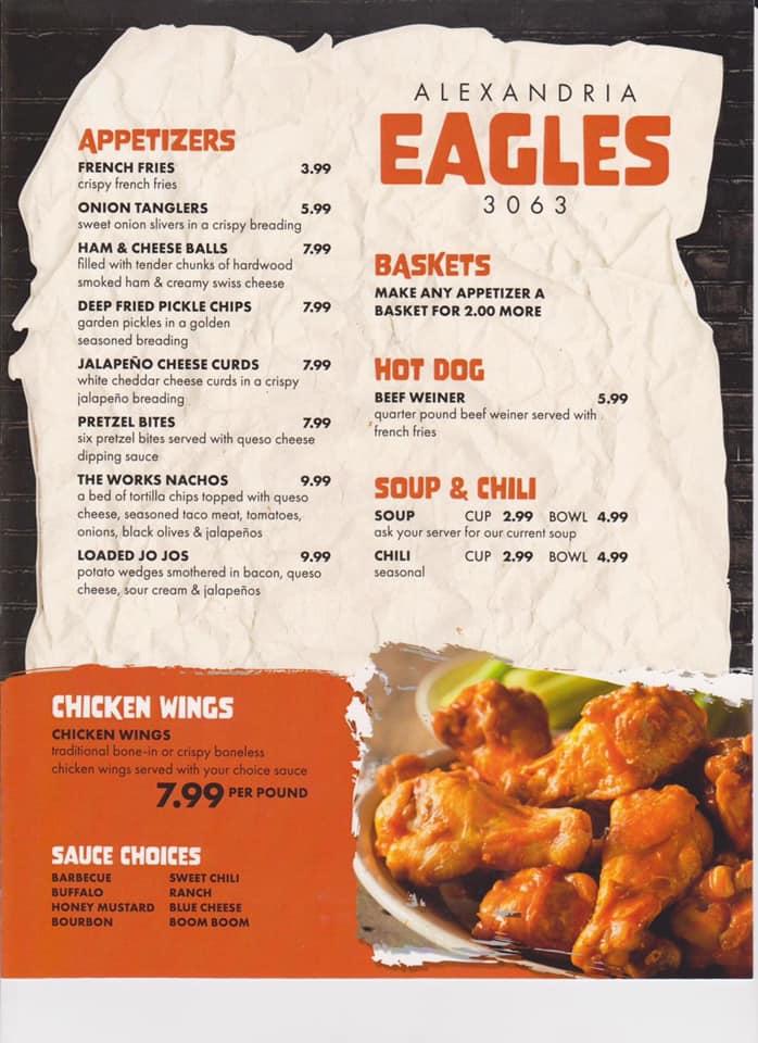 Menu at Eagles 3063 pub & bar, Alexandria