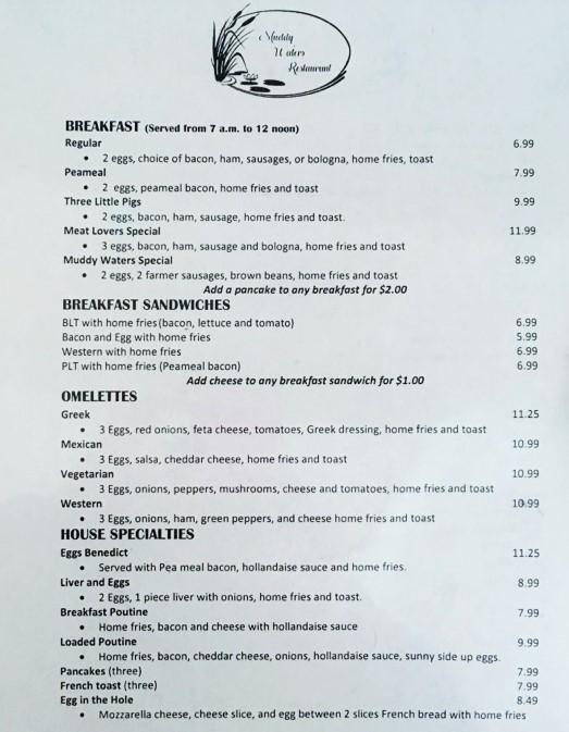 Menu at Muddy Waters Restaurant, Verona