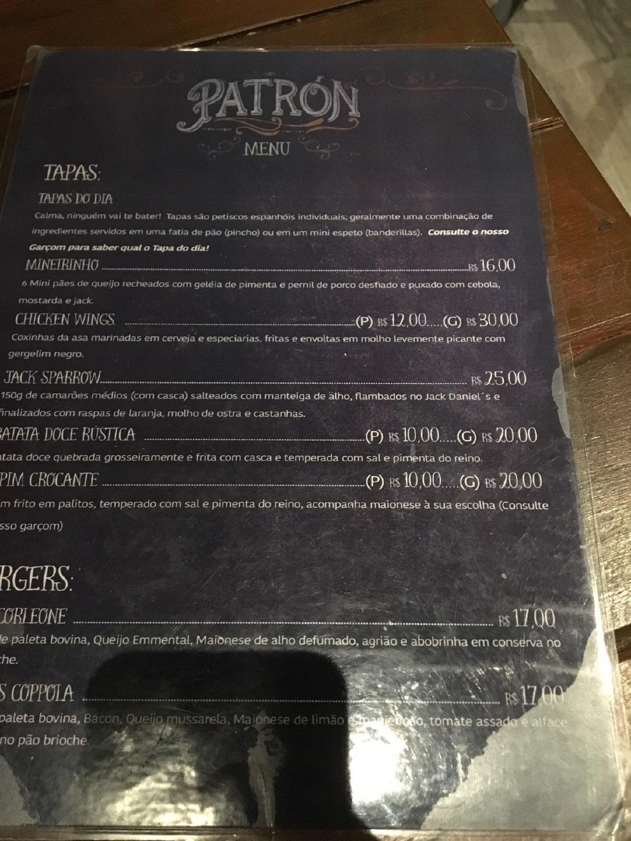 Menu em Patrón pub & Bar, Aracaju