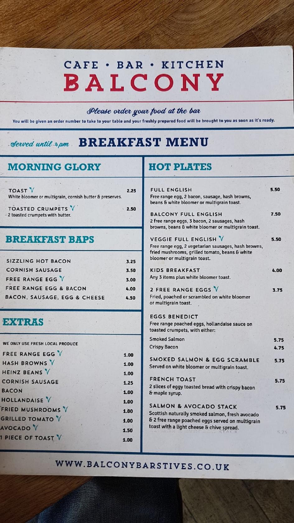 Menu at The Balcony Bar & Kitchen, Saint Ives, The Wharf