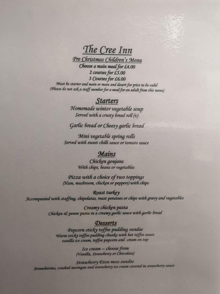 Menu at The Cree Inn restaurant, Newton Stewart