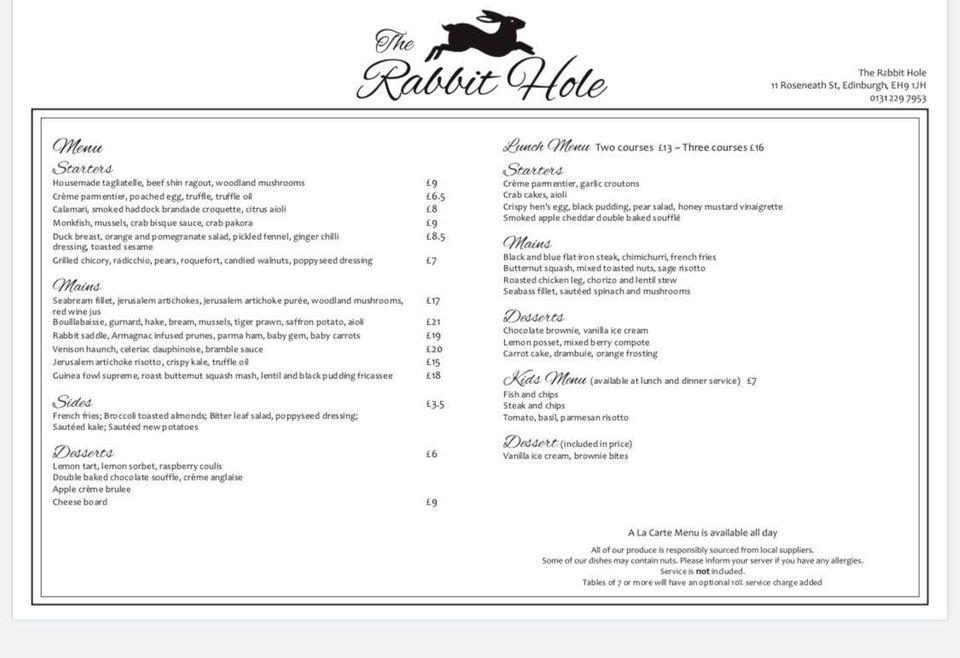 Menu at The Rabbit Hole restaurant, Edinburgh, 11 Roseneath St