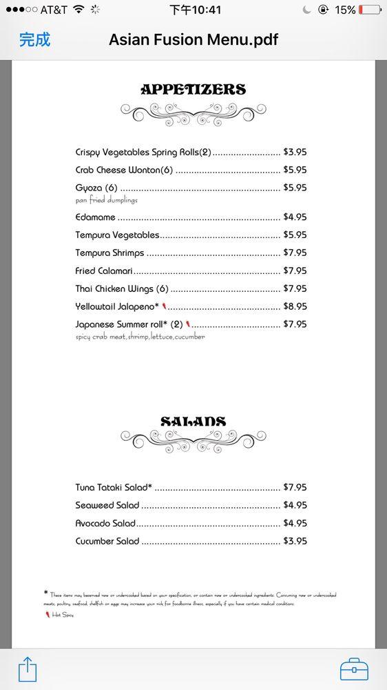 Menu at Asian Fusion restaurant, Gypsum