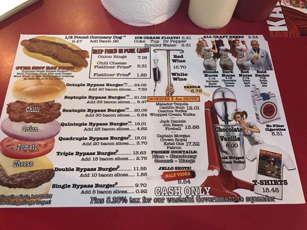 Menu at Heart Attack Grill restaurant, Las Vegas, 450 Fremont St #130