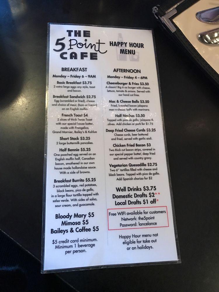 Menu at The 5 Point Cafe 24 Hour Legendary Dive Bar & Diner, Seattle