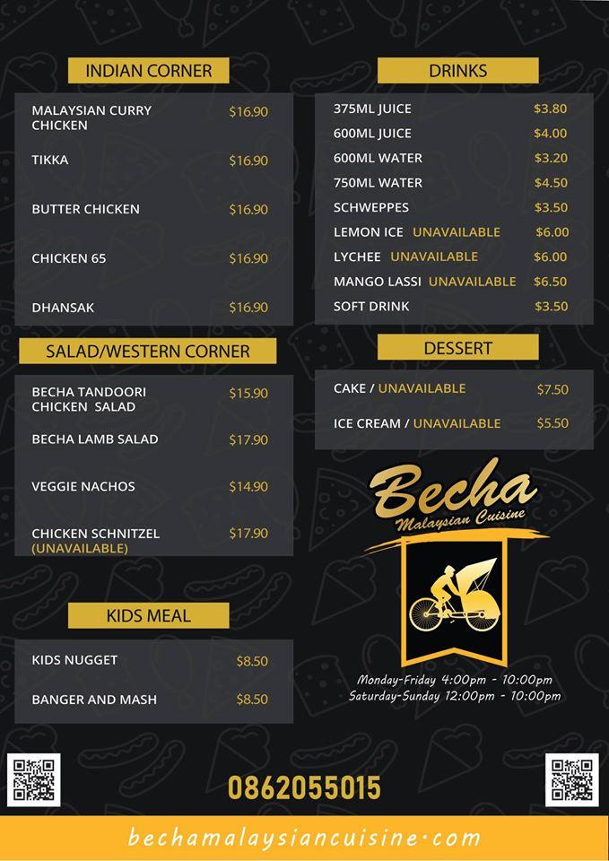 Menu at Becha Malaysian Cuisine restaurant, Alkimos