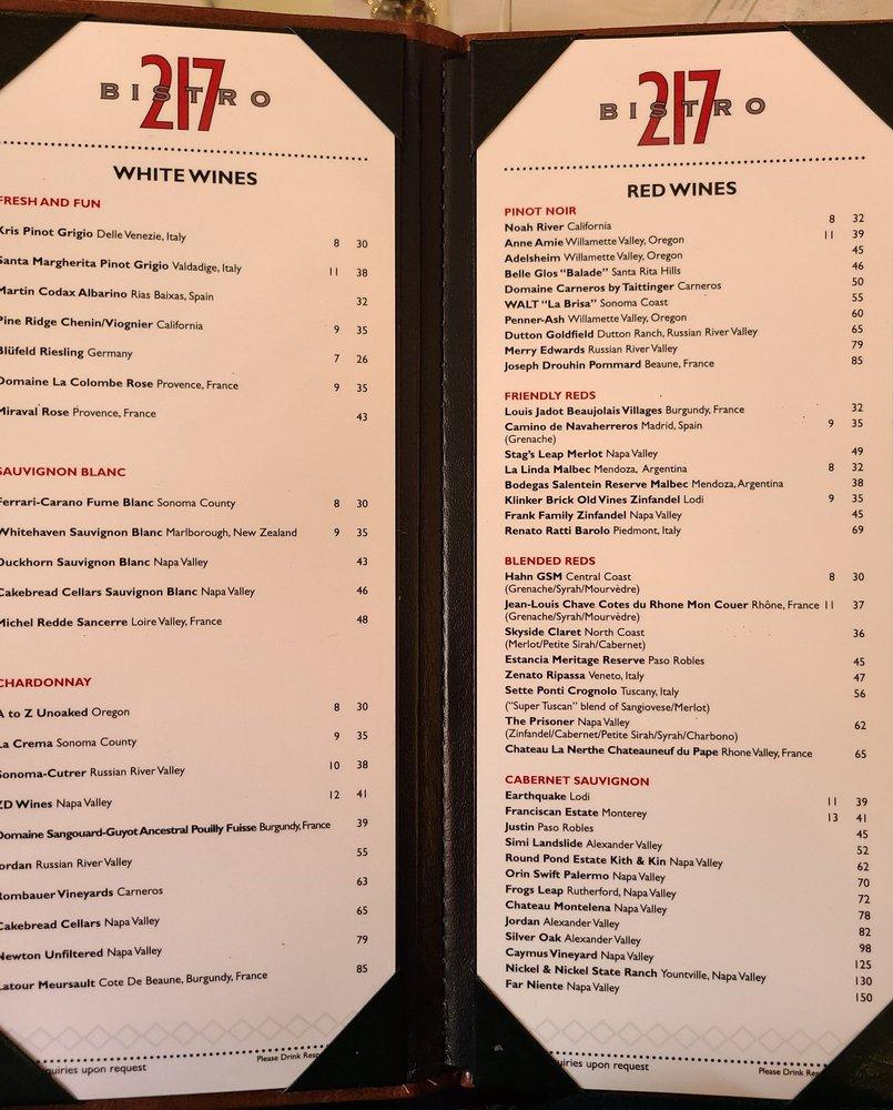 Menu at Bistro 217 restaurant, Pawleys Island