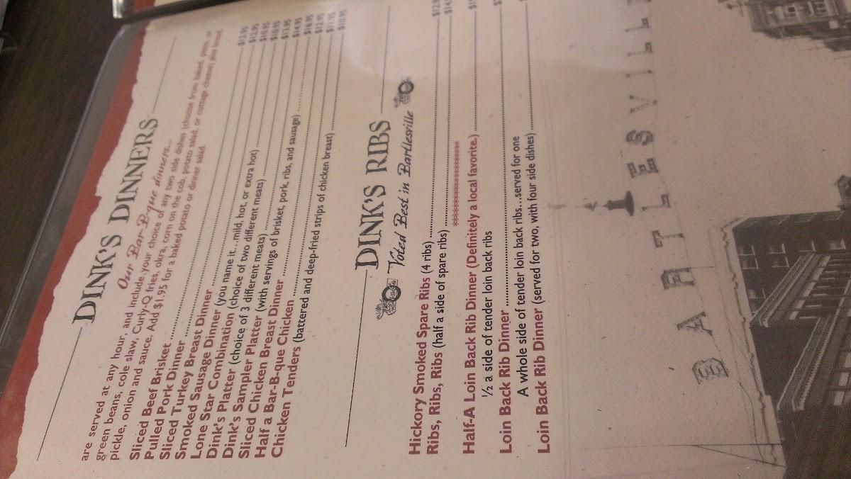 Menu at Dink's Pit Bar-B-Que, Bartlesville
