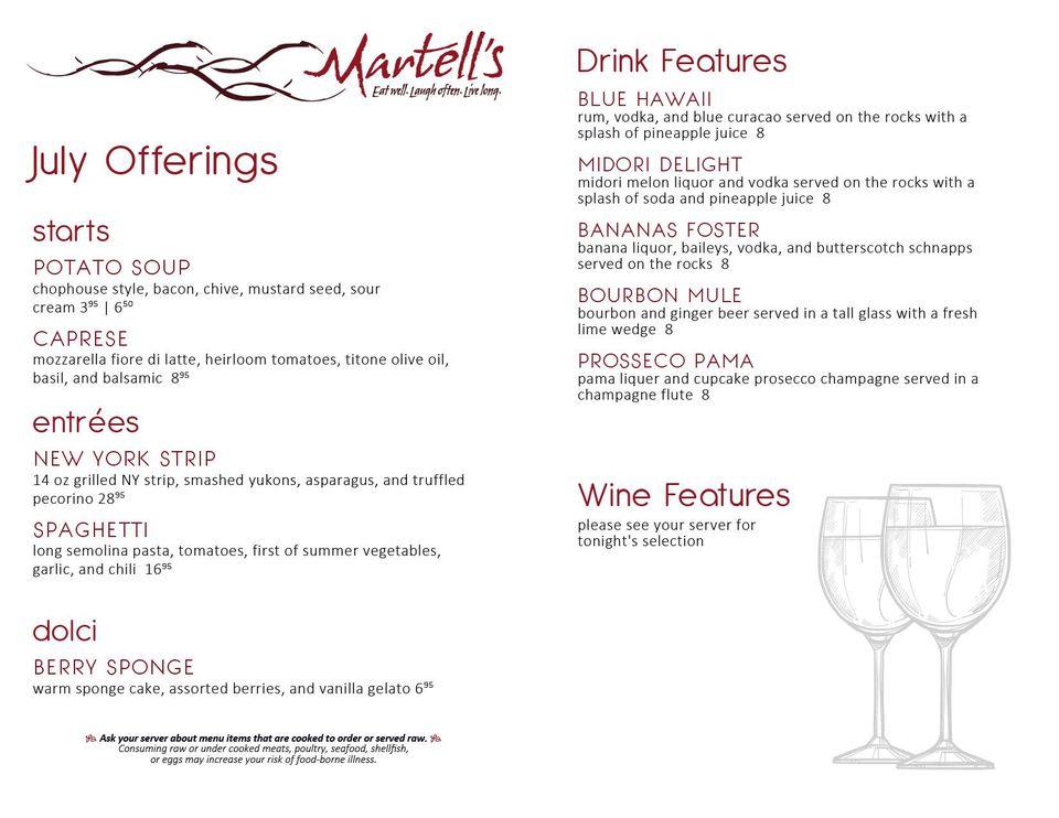 Menu at Martell's restaurant, Kalamazoo