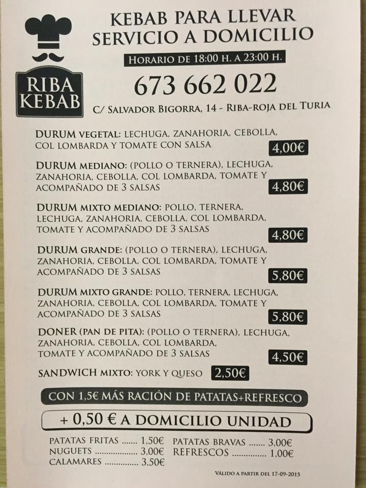 Carta de pizzería Ribapizza, Ribarroja de Turia