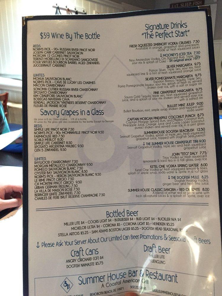 Menu at Summer House steakhouse, Rehoboth Beach