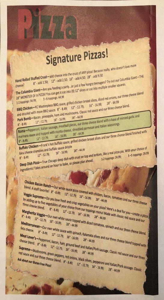 Menu at Anderson's Pizza pizzeria, Columbia