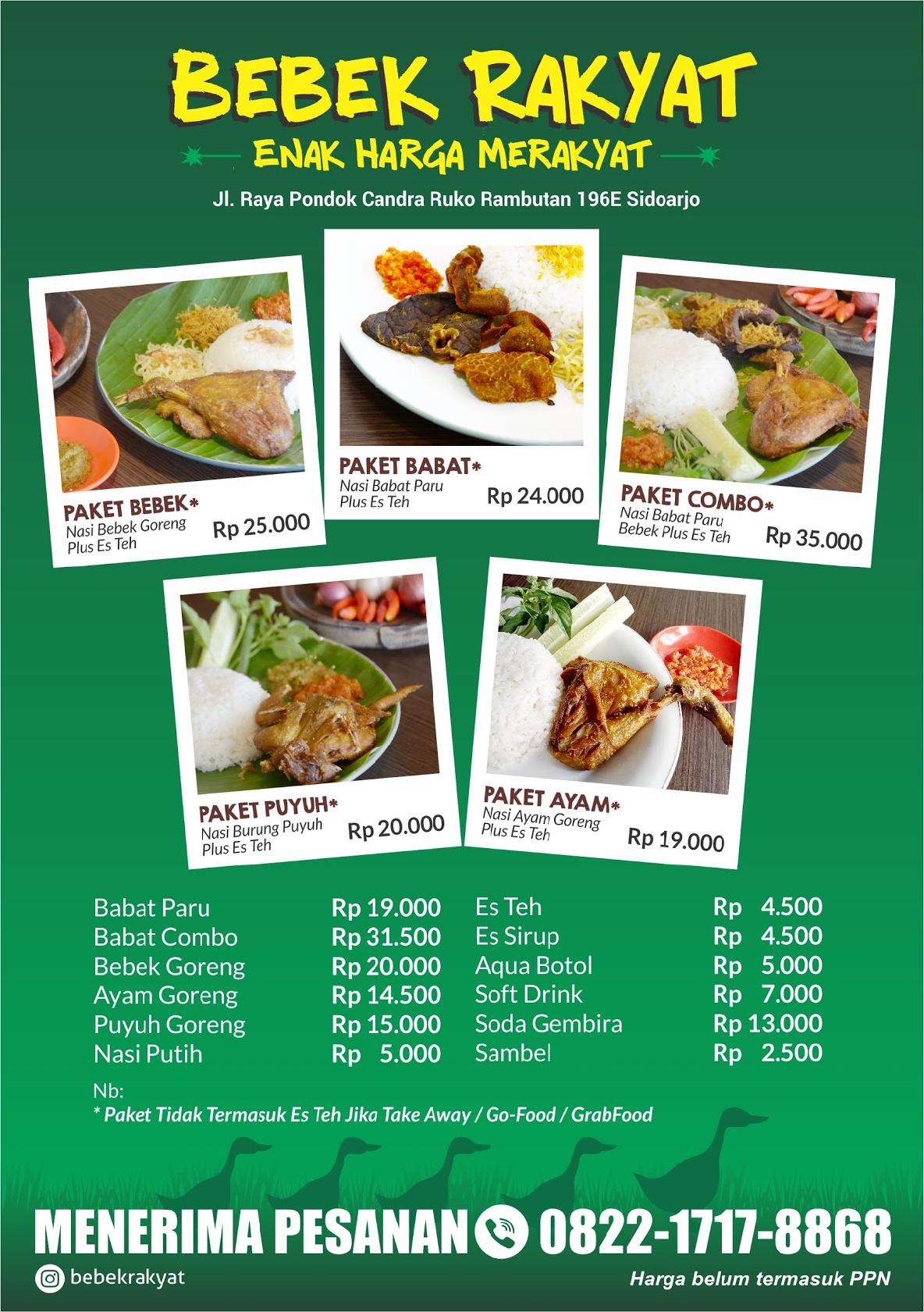 Menu at Bebek Rakyat restaurant, Wedoro