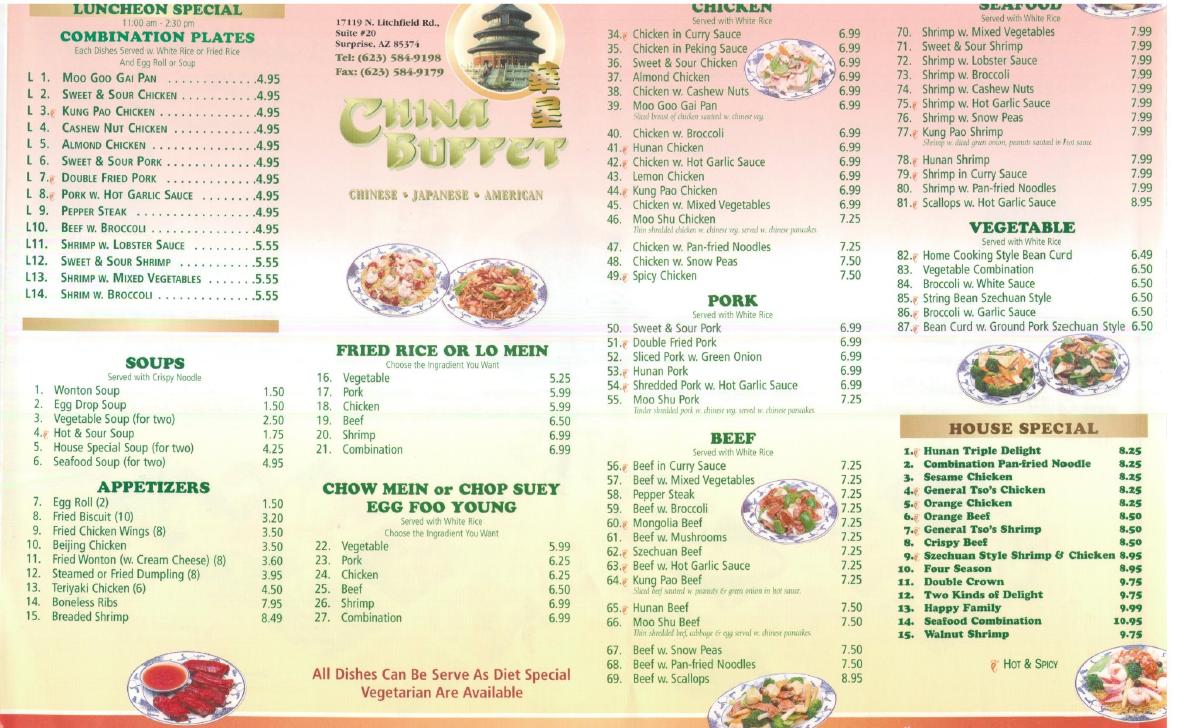 Menu at China Buffet restaurant, Surprise, N Litchfield Rd #20