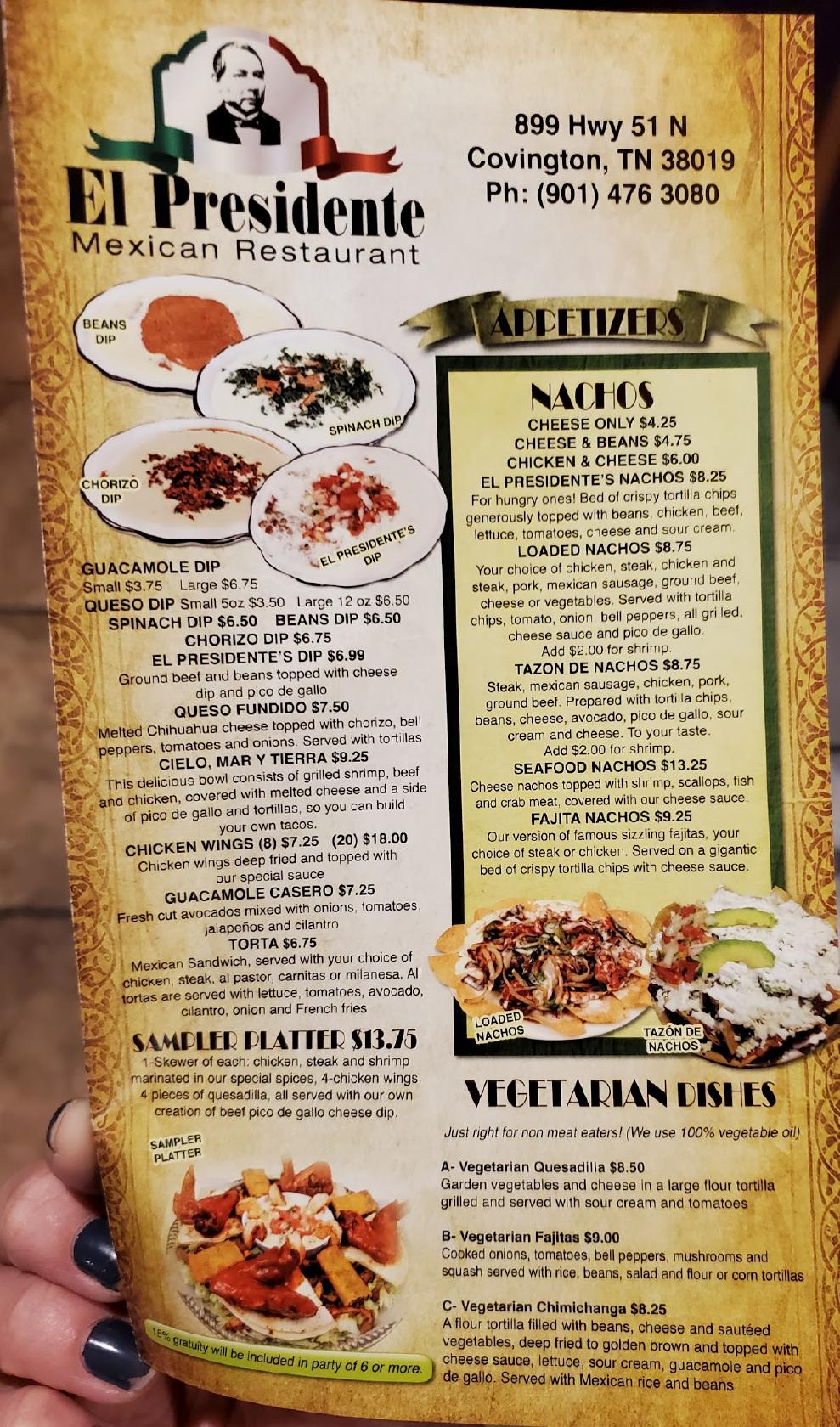 Menu at El Presidente restaurant, Covington